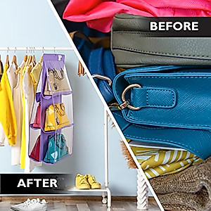 Express Living Closet Purse Organizer Storage, Hanging Handbag Organizer Foldable Dustproof Breathable Women Purse Hanger for Family Wardrobe Bedroom Closet Office 6 Pockets (46 x 15cm) Purple