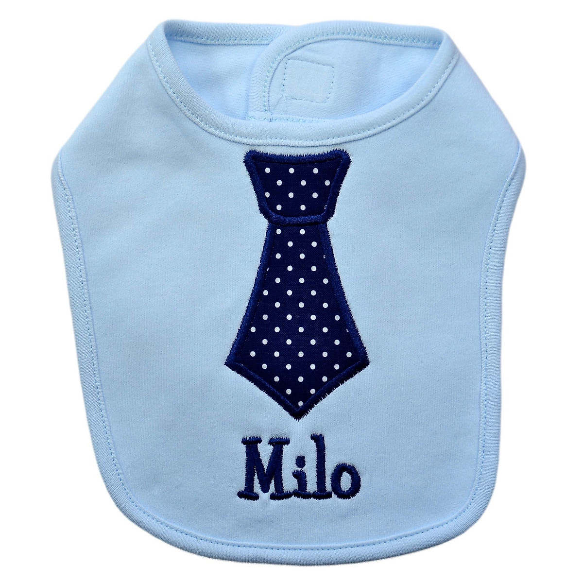 Funny Girl Designs Personalized BIB for Baby Boys Embroidered with Your Custom Name with Fabric Tie (Blue Polka Dot)