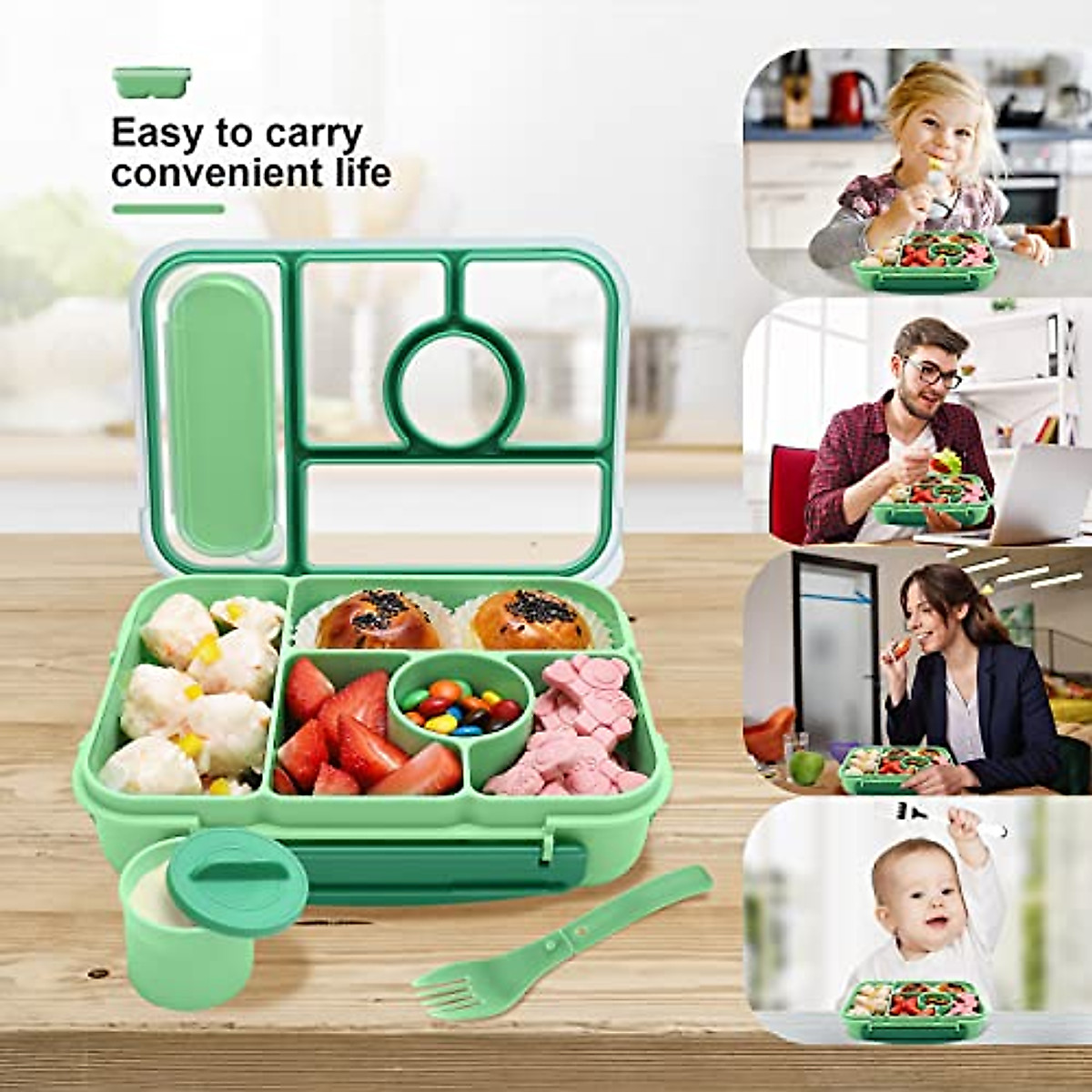Amathley Bento box adult lunch box,lunch box kids,lunch containers for Adults/Kids/Toddler,5 Compartments bento Lunch box for kids with Sauce Vontainers,Microwave & Dishwasher & Freezer Safe, BPA Free(Green)
