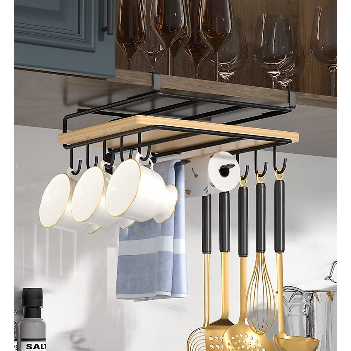 GANKAS Hanging Storage Rack Under The Cabinet Storage Racks Slide-in Rack Organizer Can Hanging Wine Glass, kitchenware, Cutting Board, Pot lid, Kitchen Paper Towels