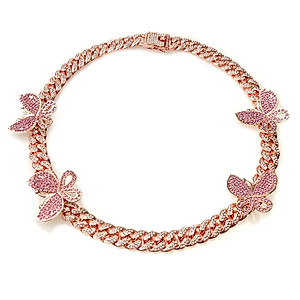 YBMYCM Butterfly Cuban Necklace Crystal Collars Cuban Link Chain Iced Bling Butterfly for Women Hip Hop Rapper Jewelry
