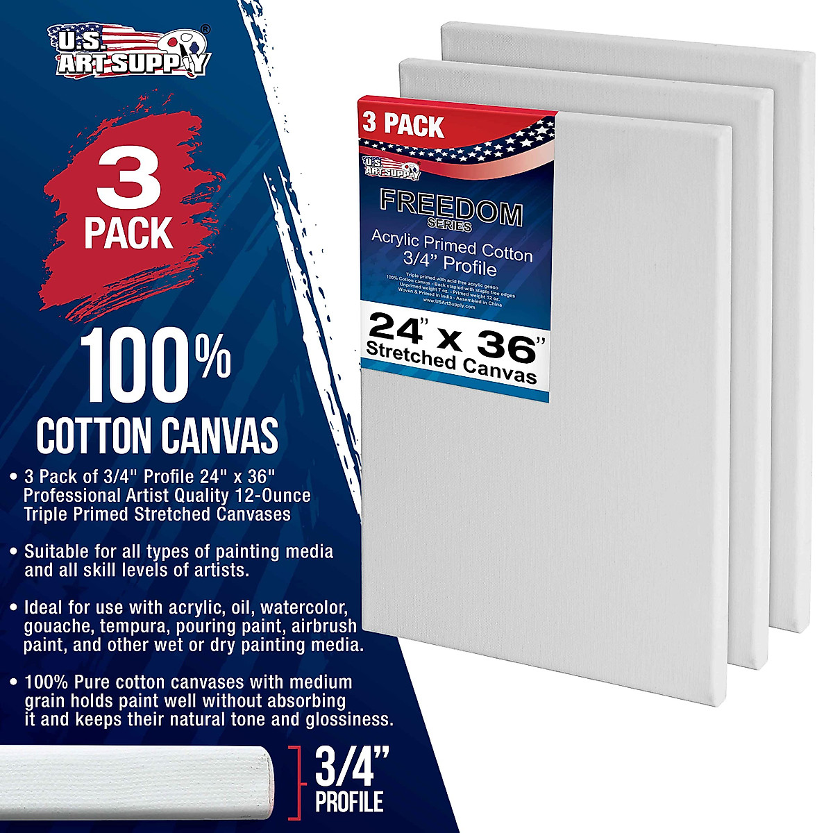 U.S. Art Supply 24 x 36 inch Stretched Canvas 12-Ounce Triple Primed, 3-Pack - Professional Artist Quality White Blank 3/4" Profile, 100% Cotton, Heavy-Weight Gesso - Acrylic Pouring, Oil Painting