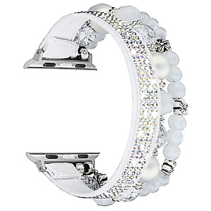 CAGOS Beaded Bracelet Compatible with Apple Watch Band 41mm 38mm 40mm Women, Bling Charm Elastic Scrunchie Dressy Strap for iWatch Bands Series 9/8/7/6/5/4/3/2/1/SE, Pure White