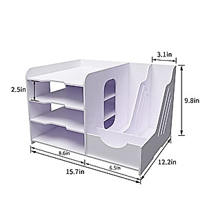 Natwind 4-Tier Office White Desktop Organizer Paper File Rack with Vertical Horizontal File Holder All in One Supplies Storage Box Mail Sorter on Desk Tabletop Binder Folder Letter Trays Study Home
