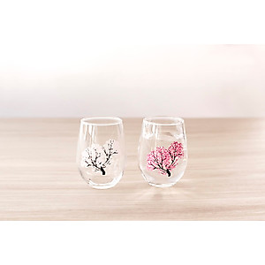 Japanese Sakura Cherry Blossom Color Changing Glass Cups (Pair) Magical Blooming Wine Glasses