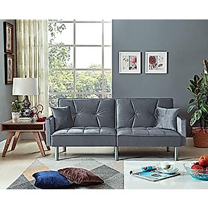 Legend Furniture Velvet Sofa Bed Sleeper with Pillow Sofabed, Grey