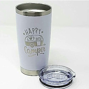 Happy Camper 20oz Coffee Tumbler (White), Coffee Mug for Mom, 20 oz Stainless Steel Insulated Travel Mug with Lid