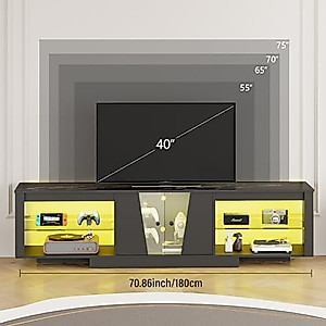 HOME BI TV Stand with LED Lights for TVs up to 70 inch, Entertainment Center with Glass Shelves and Two Cabinets, Console TV Stand for Living Room, 22 RGB Modes, Black