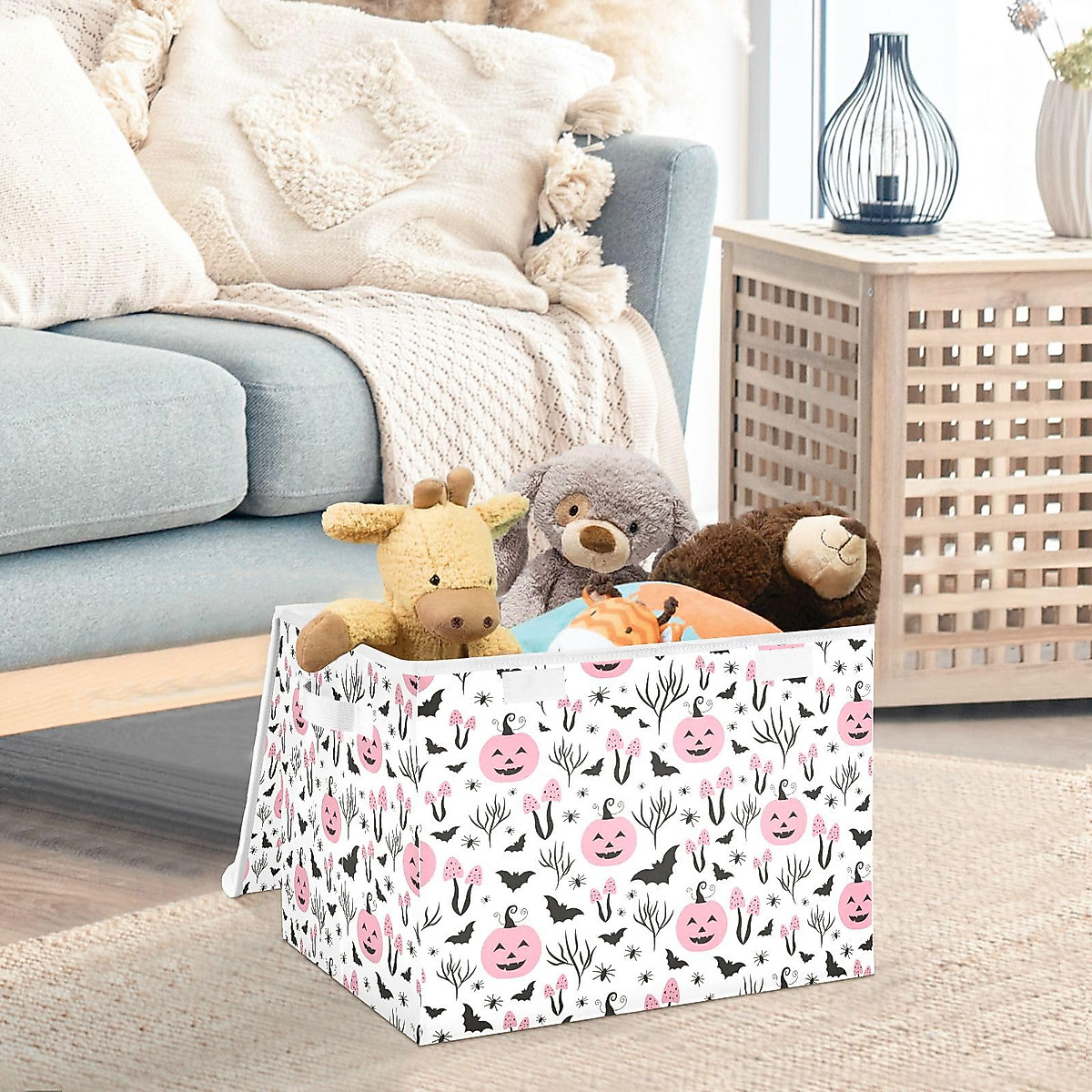 JUNZAN Pink Pumpkin Halloween Storage Bin With Lid Stackable Organization Bins Large Fabric Storage for Home Studyroom Dormroom Storage