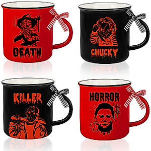 Whaline 4Pcs Halloween Mini Mugs with Plaid Ribbon Horror Movie Character Mini Coffee Mug Halloween Party Cups for Table Centerpieces Tiered Tray Decor Gifts