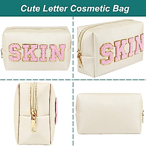 JOINDO Skin Makeup Bag, Skin Care Cosmetic Toiletry Bag, Preppy Makeup bag,Portable Makeup Zipper Pouch Storage Purse, PU Leather Skincare Organizer Bag for Travel Daily Use