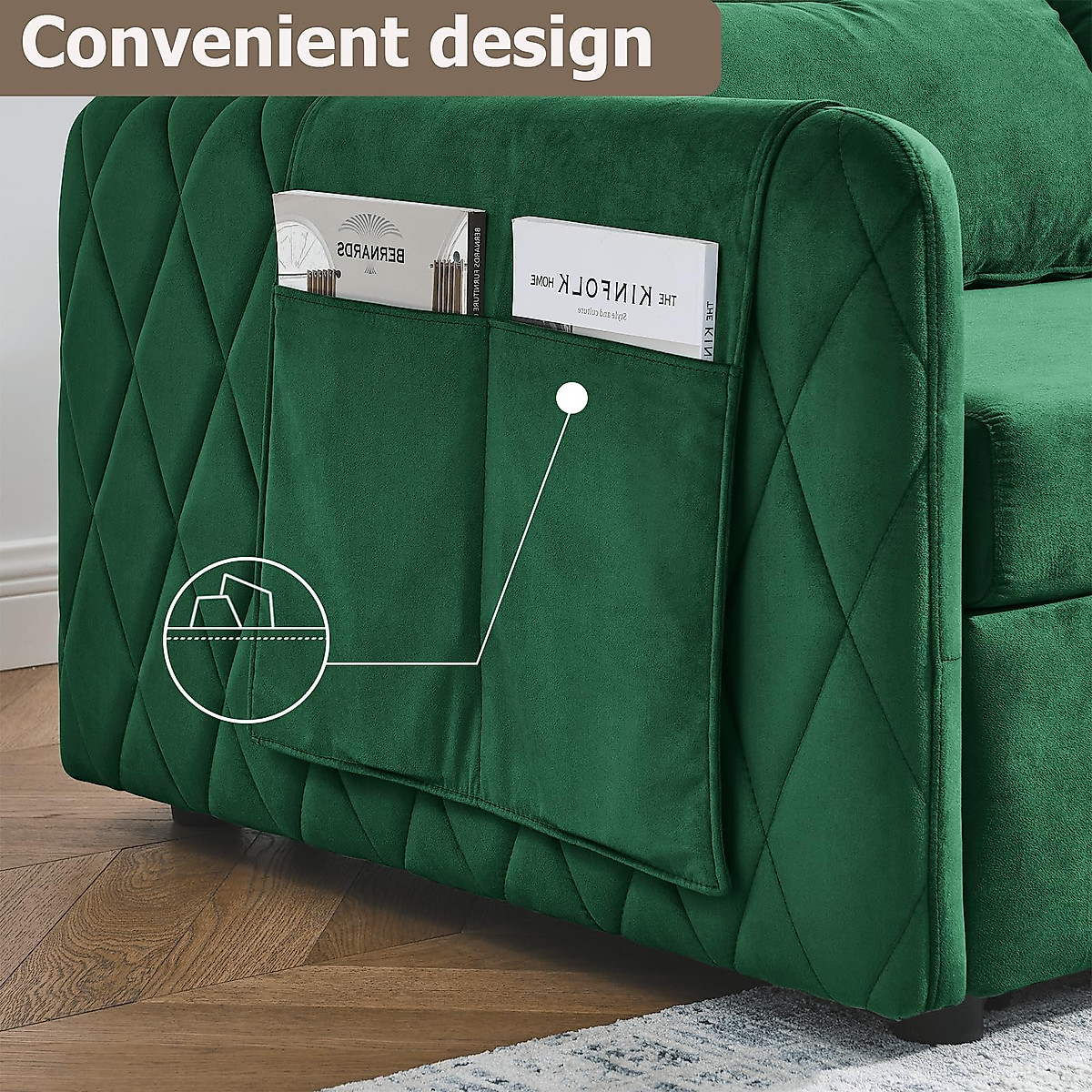 Hison 3 in 1 Sleeper Sofa Couch Bed Modern Convertible Sofa Bed Pull Out Sofa with 3-Level Adjustable Backrest with 2 Pillows and 2 Pockets,Green