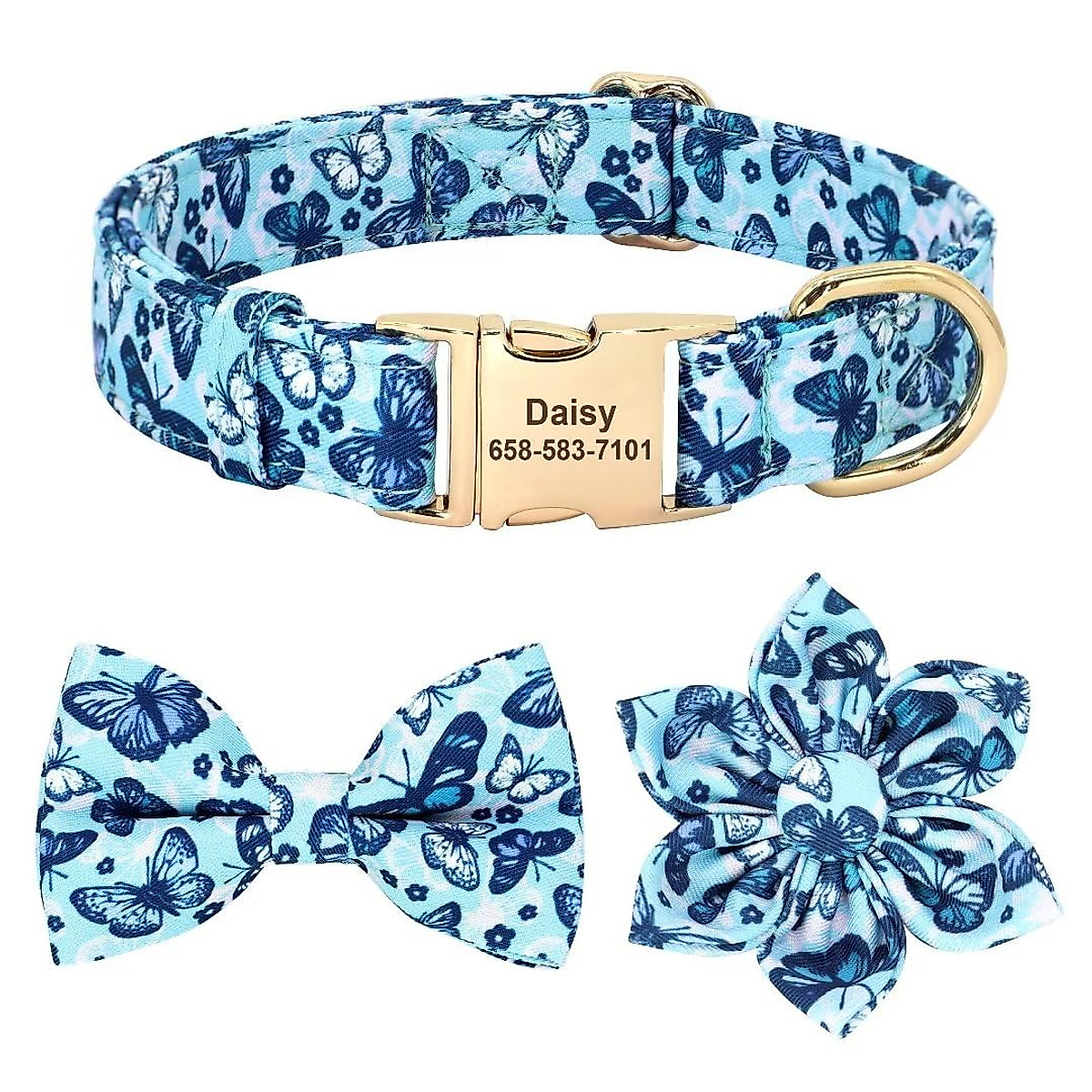 KINYABLUE Floral Pattern Cute Dog Collar for Large Dogs, Personalized Custom Dog Collars with Name, Soft Cotton Fall Dog Collar Girl with Detachable Bowtie & Flower, L (14-24")