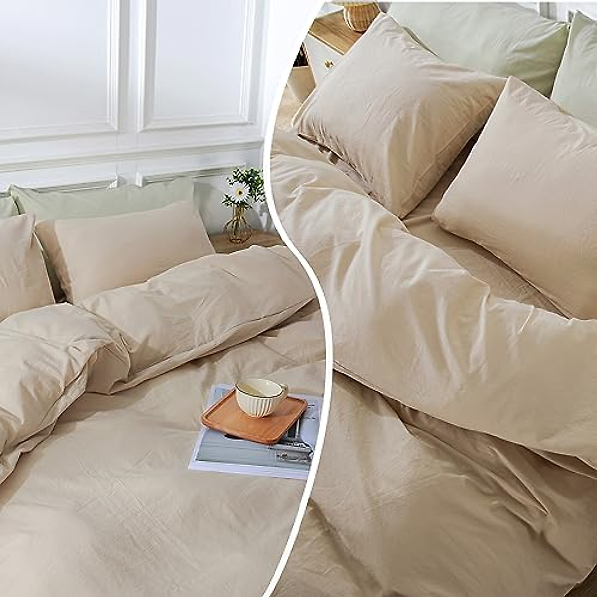NEXHOME PRO Duvet Cover Set Queen Size Linen Feel Textured Organic Natural 100% Washed Cotton Duvet Cover Beige Cream 3 Pieces Bedding Set with Zipper Closure, Breathable, Soft (No Comforter)