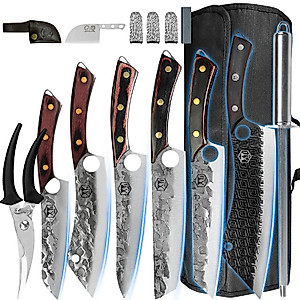 Authentic XYJ Since 1986,Camp Cooking Knives Set,High Carbon Steel Slicing Chef Knife With Kitchen Scissors,Carry Bag,Sharpener Rod,Butcher Meat Vegetable Knife,Full Tang,Hammer Finished