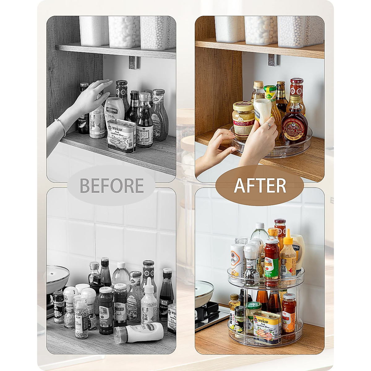 Roninkier 2-Tier Clear Lazy-Susan Turntable – 11-Inch Pantry Spice-Rack Cabinet-Organizer – Plastic Lazy Susan Makeup Organizer for Bathroom Countertop