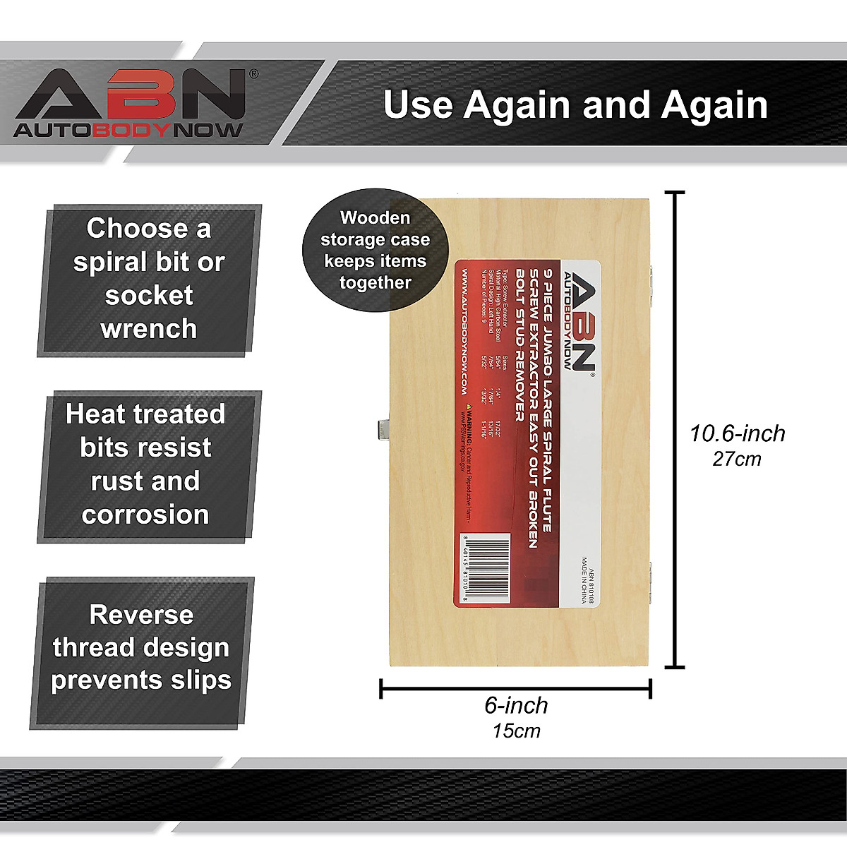 ABN Jumbo Spiral Flute Extractor - 9 Piece Easy Out Bolt Screw Extractor Set Square Shank Reverse Bit Set with Wood Case