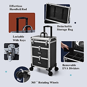 Adazzo Professional Rolling Makeup Train Case with Drawers, Large Cosmetic Trolley with Locks, Cosmetics Storage Organizer Make up Case for Travel Makeup/Nail Art/Hair Styling, Matte Black