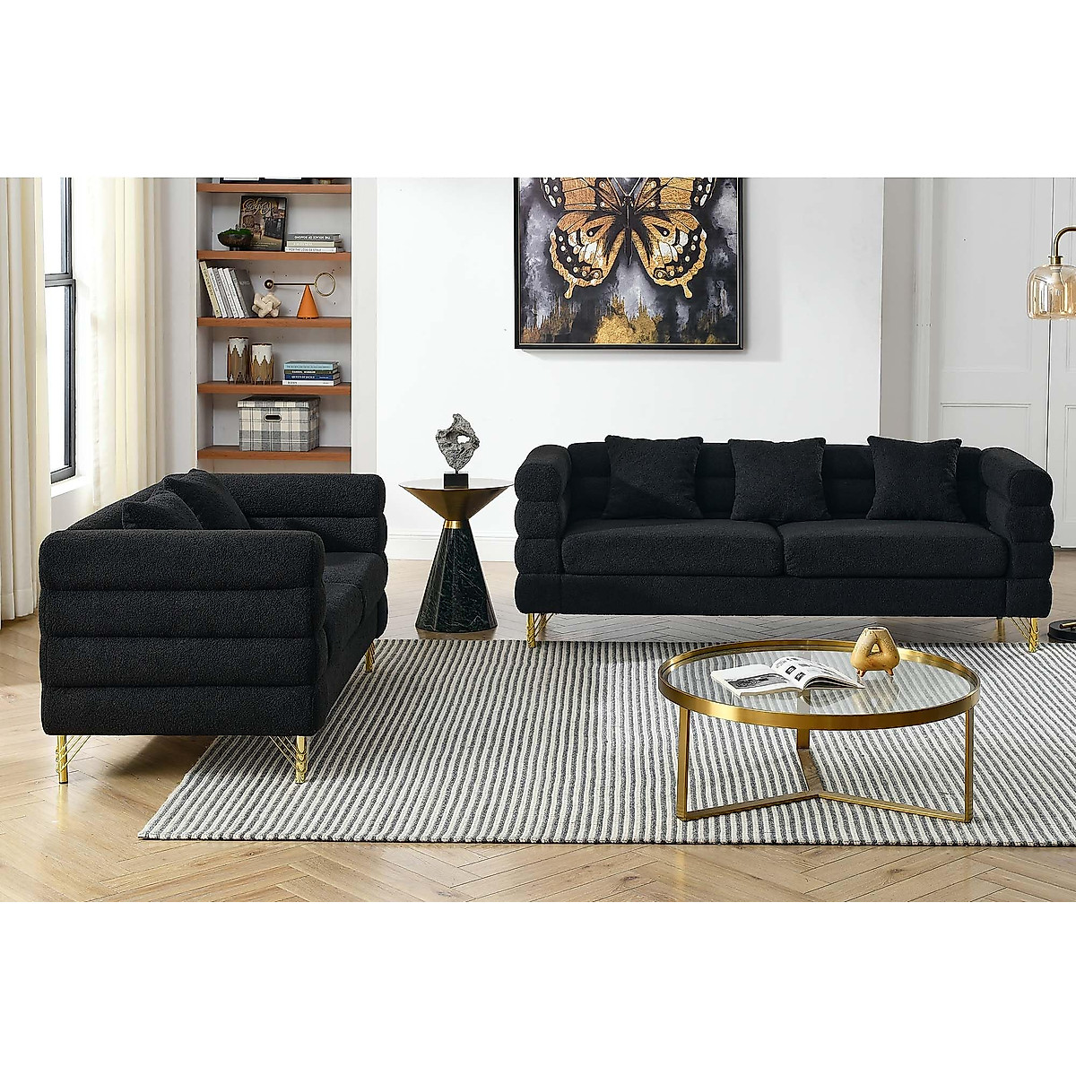 81-inch Couches + 60-inch Loveseat Sofa for Living Room, Set of 2 Modern Teddy Fabric Upholstered Sofa Couch with Square Arm and 4 Golden Metal Legs for Living Room, Office, Apartment, Black