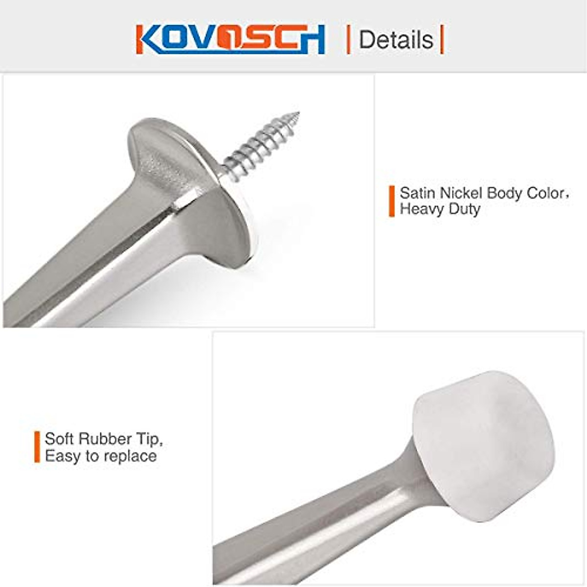 KOVOSCH Solid Rigid Door Stops with Soft Rubber Tips - Heavy Duty Durable Door Stoppers Wall Protector（Satin Nickel,2 Pack）