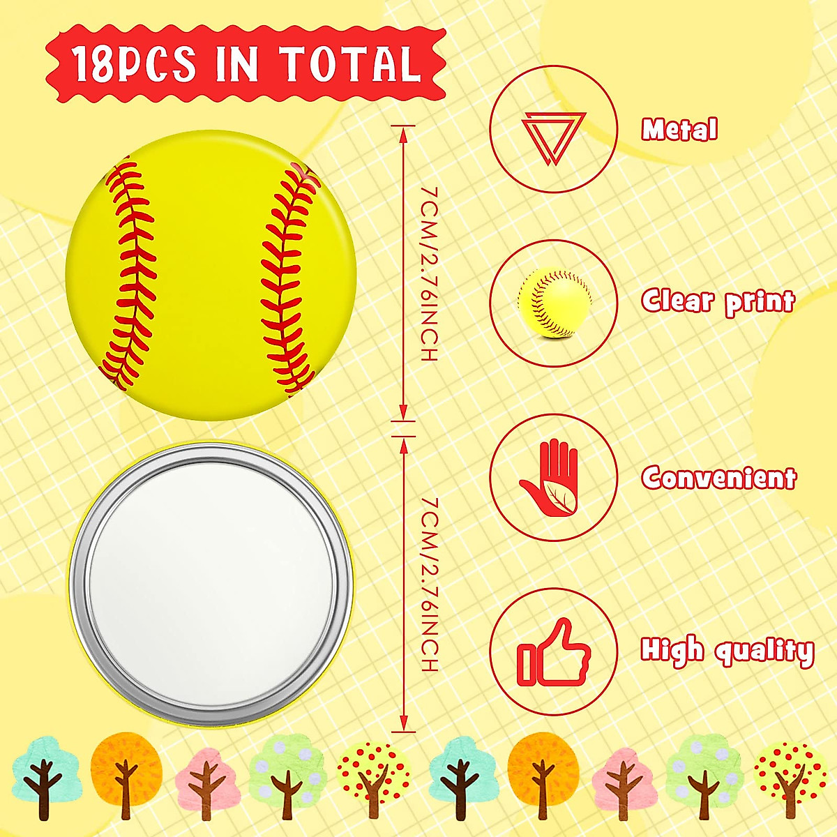 Taiyin 18 Pcs Softball Gifts for Girls Team Softball Compact Mirror Accessories Softball Party Supplies Softball Makeup Mini Mirror 2.76 Inch Sport Round Pocket Portable Mirror for Women (Yellow)