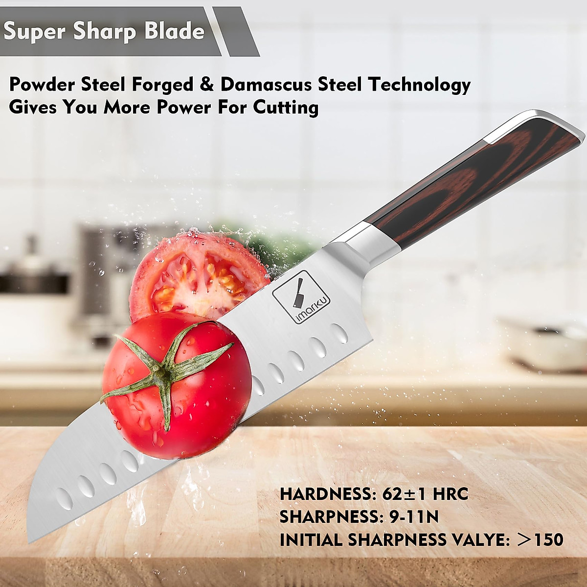 imarku Damascus Chef Knife, Super Sharp Kitchen Santoku Knife 7 Inch, Powder Steel Forged Japanese Cooking Knife for Collection, Chopping Meat Vegetable, Gifts for Women and Men