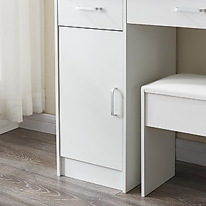 Logimiz Vanity Desk with Mirror and Lights-3 Colors and Brightness Adjustable, Girls Makeup Vanity with Hiding Shelves, White Vanity Set with Cabinets, Drawers and Cushioned Stool