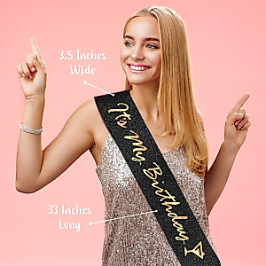 PartyForever Birthday Decoration Sash for Women Black 32 inch Long Sash with Rose Gold "It's My Birthday" Letters for 21st, 30th, 40th, 50th or 60th Birthday
