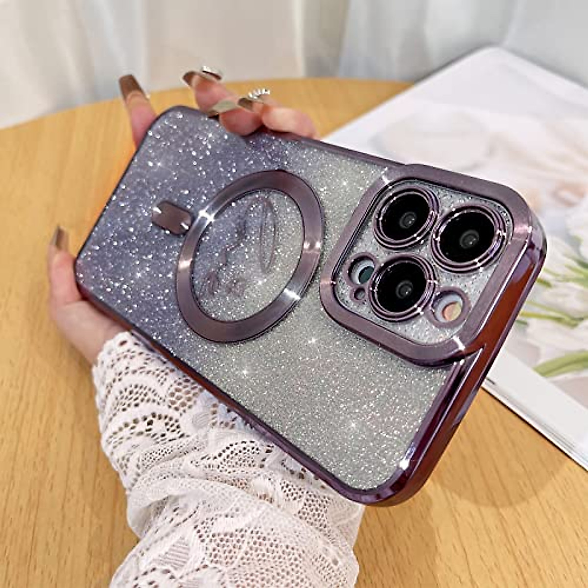 Fiyart Compatible with iPhone 14 Pro Max Case,Compatible with MagSafe Love Heart Plating Camera Protection Clear Phone Case, Magnetic Glitter for Women Girls Shockproof Back Bumper 6.7"-Purple