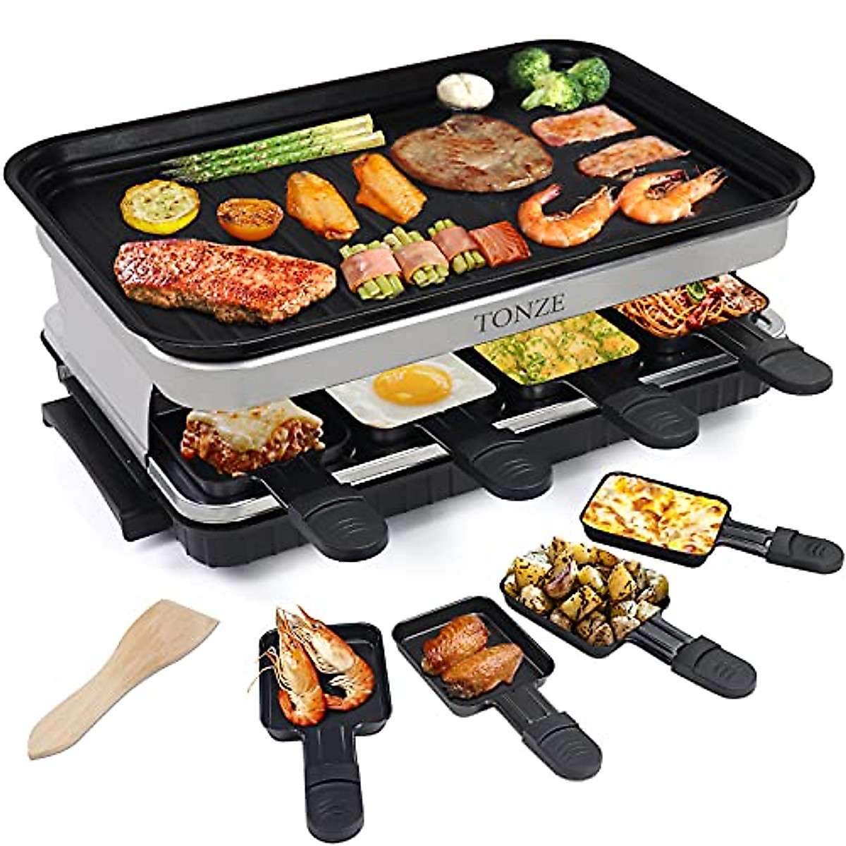 Indoor Grill Smokeless Korean BBQ Grill 2 IN 1 Griddle Electric Grill Raclette Table Grill Kitchen Appliances with 8 Mini Grill Cheese Pans Christmas Gift Removable Non-Stick Temperature Control,1500W