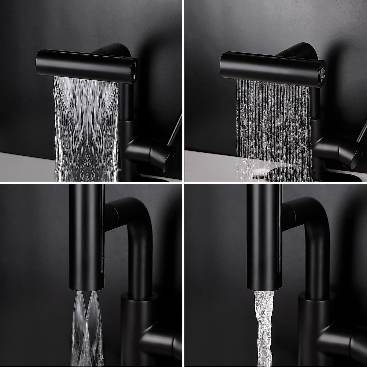 Bathroom Faucet 4 in 1, Faucet for Bathroom with Pull Down Sprayer, Matte Black Bathroom Sink Faucet for 1 or 3 Holes