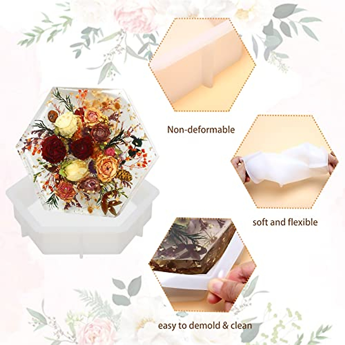 3 PCS Large Resin Molds Silicone Kit, Including Deep Hexagon, Heart, Square Epoxy Resin Casting Mold for Flower Preservation Bookends DIY Art