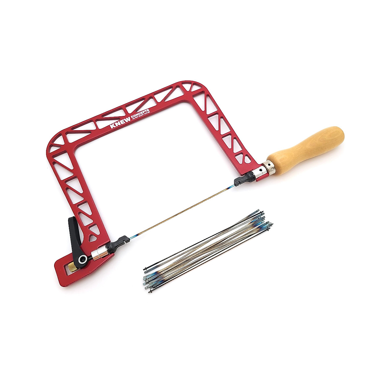 Knew Concepts 125.012 MK IV 6.5 Inch Coping Saw with Cam Lever Tension, Rotating Blade and 12 Each 18 TPI Pegas Pinned Coping Saw Blades