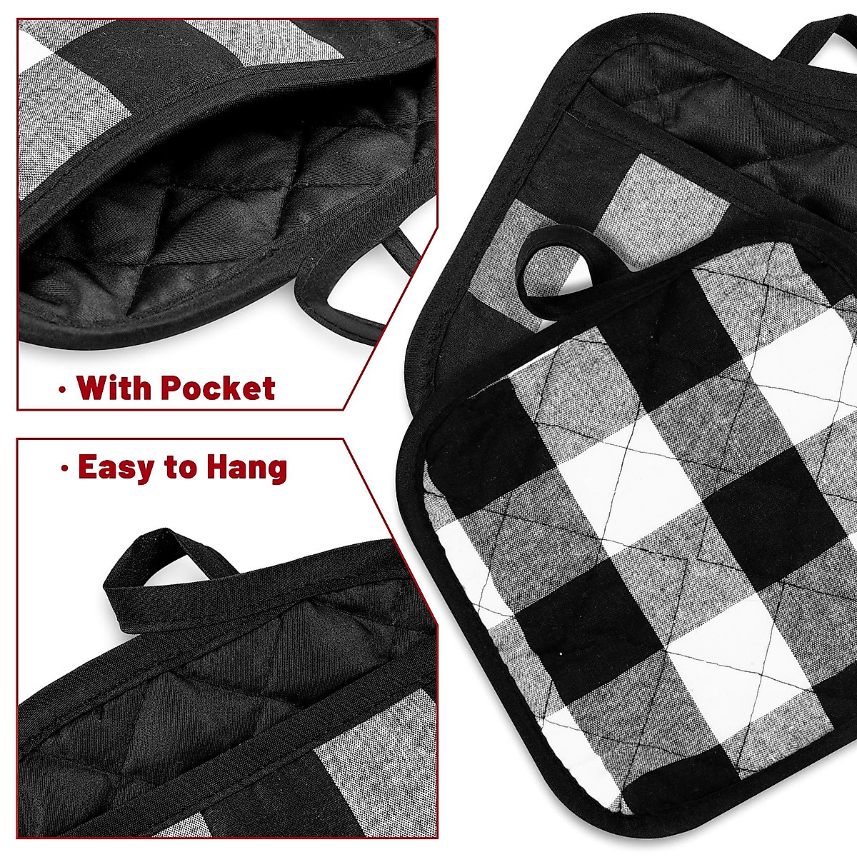 Whaline 6pcs Christmas Buffalo Plaid Hot Pot Holders Cotton Hot Pad with Pocket Reusable Heat Resistant Oven Mint for Kitchen Cooking and Baking (White Black)