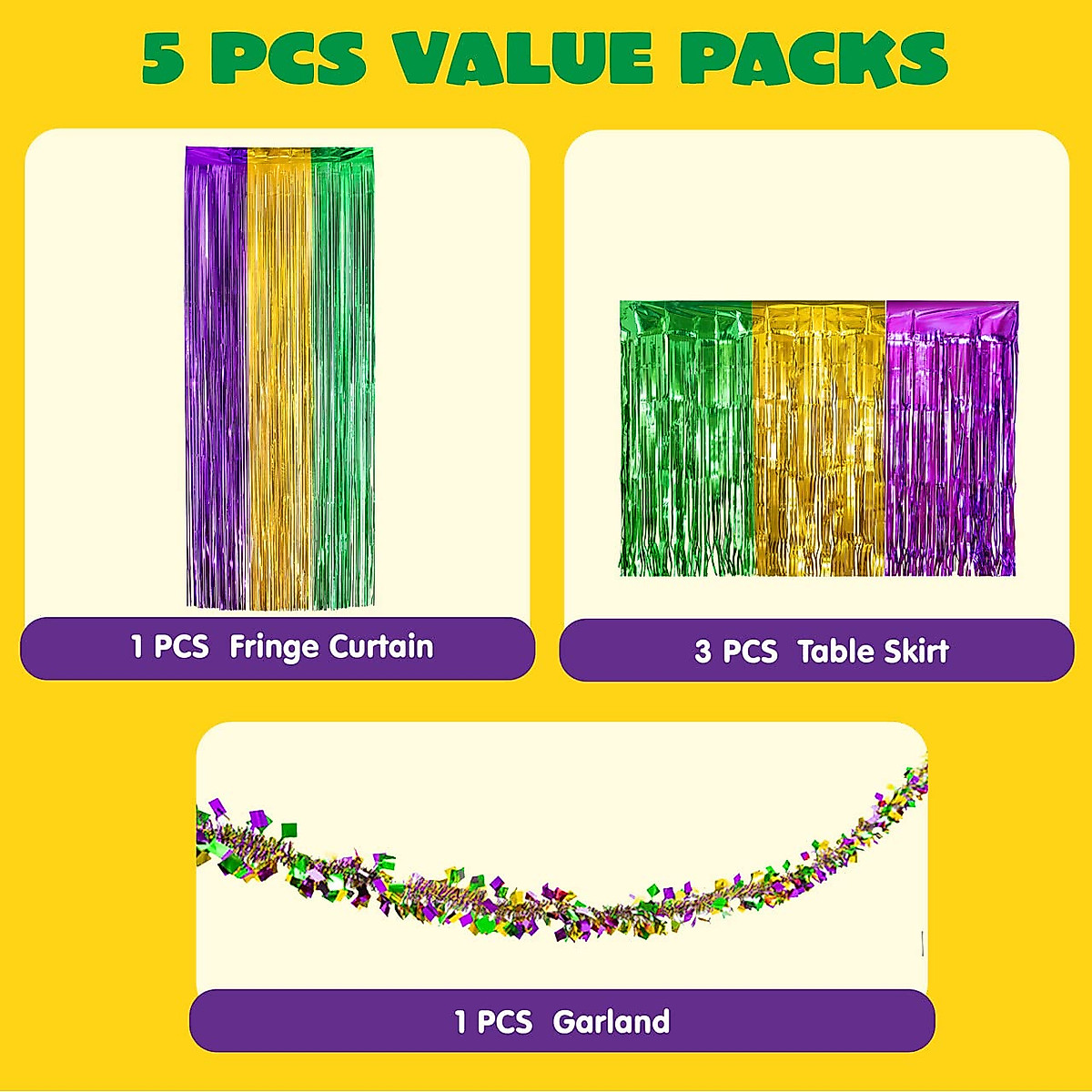 JOYIN 5PCS Mardi Gras Party Decoration with 1 PCS Fringe Curtain, 3 PCS Table Skirt and 1 PCS Garland Pack Mardi Gras Party Favor Supplies