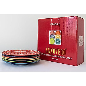 Annovero Dinner Plate Set - Set of 6 Dinnerware for Salad, Dessert, Pasta, Entrées, Colorful Stoneware Dishes for Kitchen, Microwave and Oven Safe, 10.5 Inch Diameter