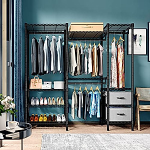 VIPEK V8 Wire Garment Rack 5 Tiers Heavy Duty Clothes Rack with 2 Fabric Drawers & Shoes Racks, Freestanding Wardrobe Closet Metal Clothing Rack, Max Load 816LBS, Black