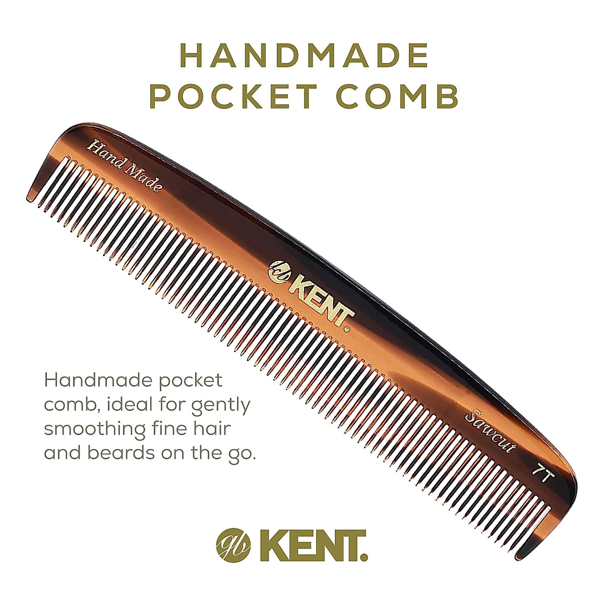 Kent 7T Handmade All Fine Tooth Pocket Comb for Men, Hair Comb Straightener for Everyday Grooming Styling Hair, Mustache and Beard, Use Dry or with Balms, Saw Cut and Hand Polished, Made in England