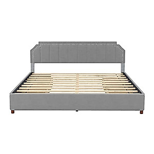King Szie Storage Upholstered Platform Bed Set with 4 Storage Drawers and Headboard, Solid Wood Velvet Upholstery Platform Bed Bedframe with Storage for Kids Teens, Boys & Girls ,Gray Platform Bed