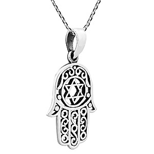 AeraVida Hamsa or Hand of God with the Star of David .925 Sterling Silver Pendant Necklace | Jewish Star of David in Hamsa Hand Pendant | Jewelry Gift
