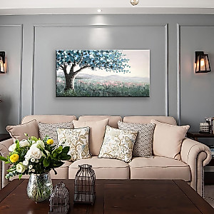 GUMEYJIA Blue Tree Wall Art Hand-Painted Tree Oil Painting on Canvas Gallery Wrapped Large Framed Big Tree landscape Artwork Suitable for Living Room Bedroom Office Decor 20x40 Inch X1 Piece