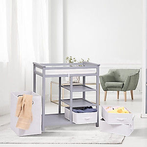 Obbao Changing Table, Baby Changing Table, Changing Table with Hamper, 3 Storage Baskets Drawers, Safety Strap and Removable Pad, Grey