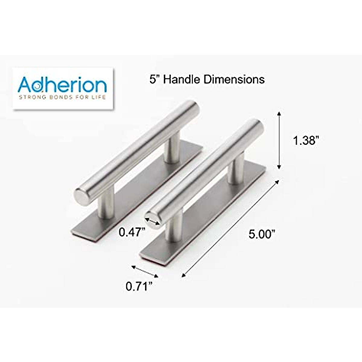 Adherion Adhesive Cabinet Stick On Door Handles 5" | No Drilling Stick On Handle for Drawers Doors Wardrobes Windows | 3M Handle Adhesive | 2 Pack Brushed Nickel | All Metal Stick On Cabinet Handles |