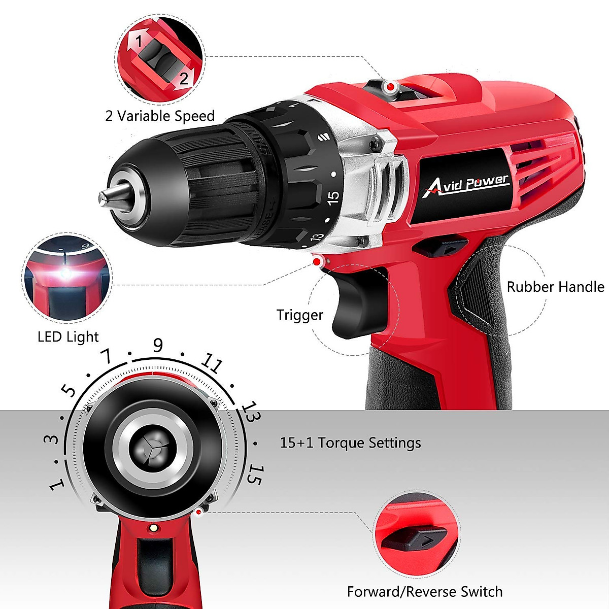 AVID POWER 12V Cordless Drill Set Bundle with 100PCS Drill Bits for Metal, Wood, Masonry