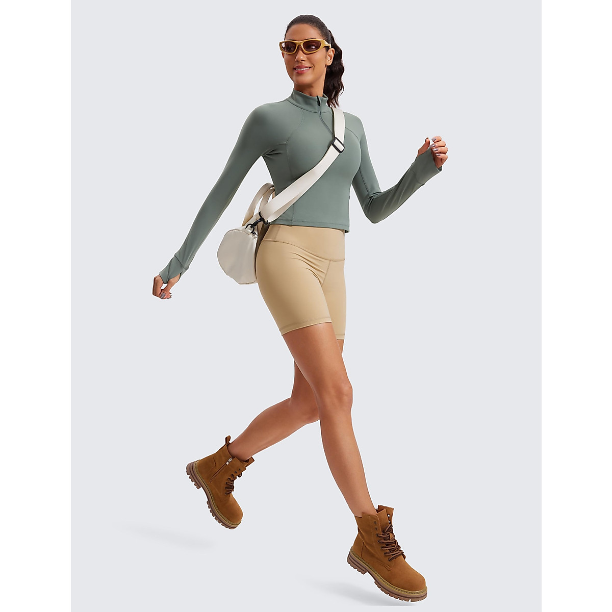 CRZ YOGA Women's Butterluxe Long Sleeve Workout Shirts Half Quarter Zip Sweatshirt Athletic Crop Tops Collared T-Shirts Grey Sage Large