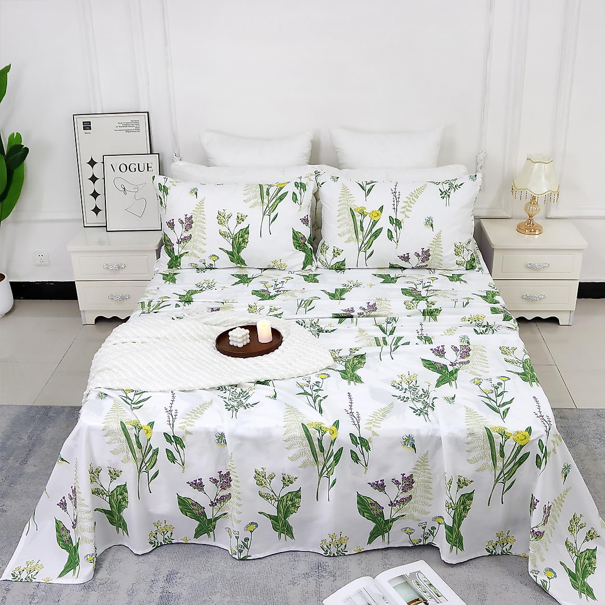 FADFAY California King Size Sheets Set Premium 100% Cotton Green Floral Bed Sheet Botanical Lavender Leaf Daisy White Deep Pocket Fitted Sheet Soft Shabby Sheets Pillowcases Set 4Pcs, Cal King