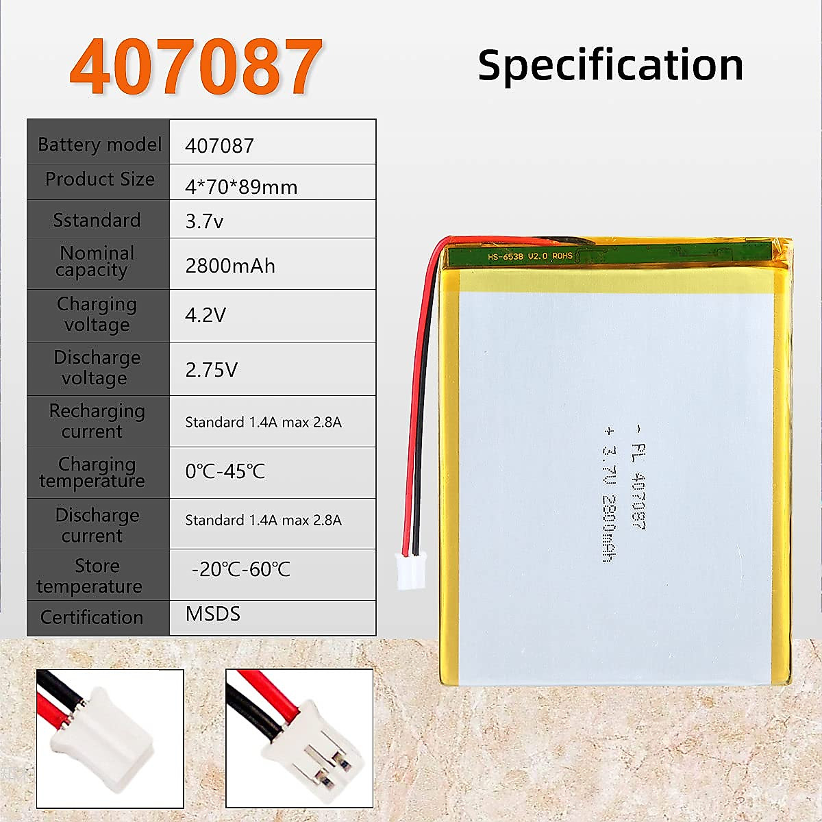 AKZYTUE 3.7V 2800mAh 407087 Lipo battery Rechargeable Lithium Polymer ion Battery Pack with JST Connector