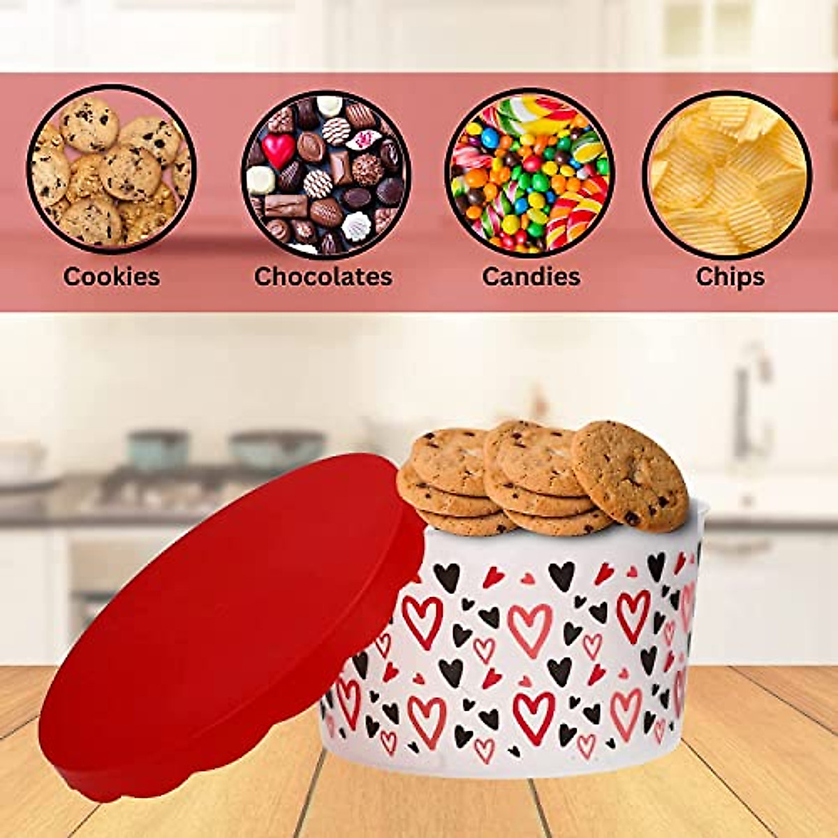 GS Valentines Plastic Tubs with Scallop Lids, Round Food Container for Cookies Candies Gift Canister & Party Favor Home Kitchen Valentines Day Decoration Set of 2 with HFW Bonus Gift (Designs Vary)