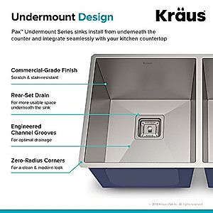 KRAUS Pax 31 1/2-inch 16 Gauge Undermount 50/50 Double Bowl Stainless Steel Kitchen Sink, KHU322