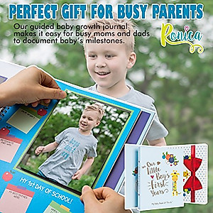 Ronica Baby Boy Gift Set with Baby Memory Book, Monthly Stickers: Modern Photo Journal and Keepsake Album for Boys, First 5 Years, Shower Gift Idea for Mom, Dad Or Grandparents